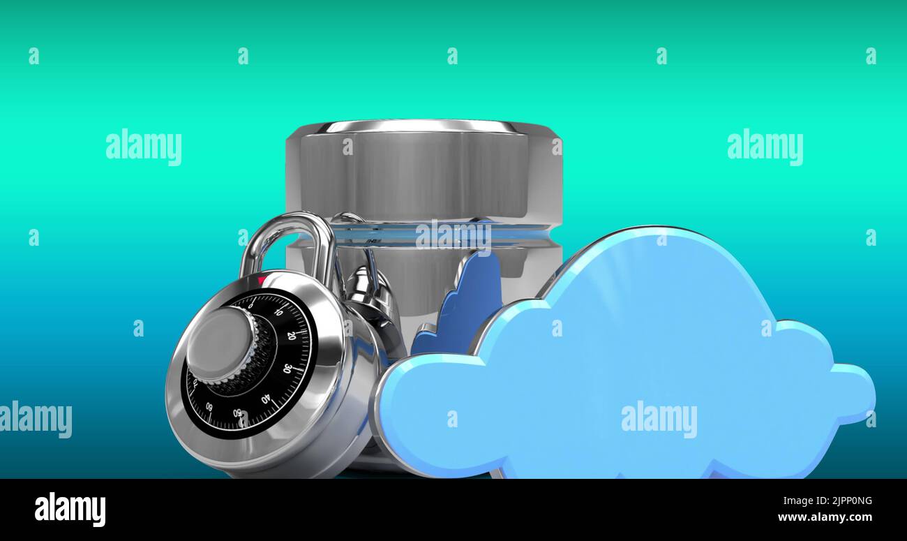 Database server and cloud icon against blue and green gradient ...