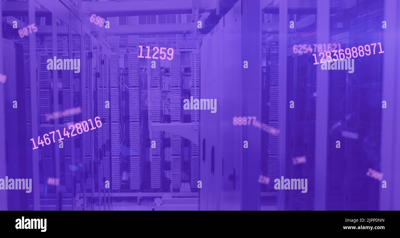 Image of pink numbers changing over tech room with computer servers Stock Photo - Alamy