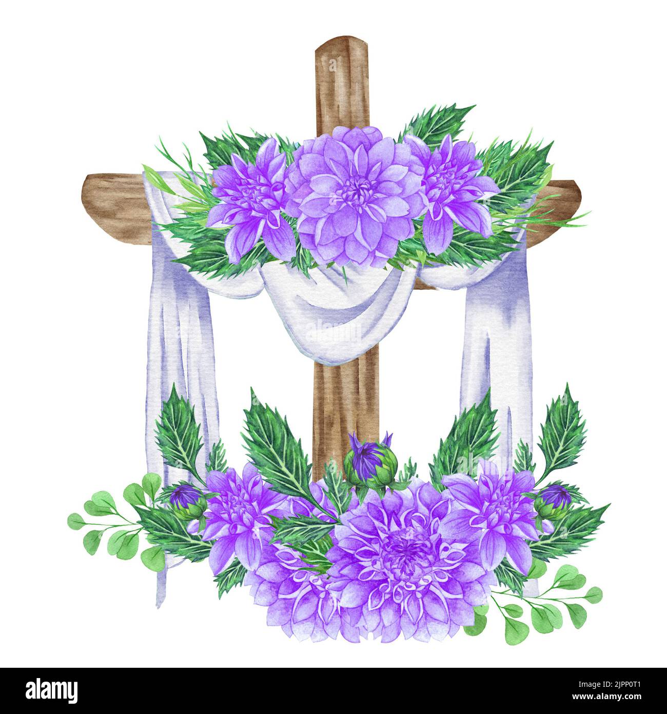 Purple Dahlia floral cross. Easter illustration. Watercolor Wedding ...
