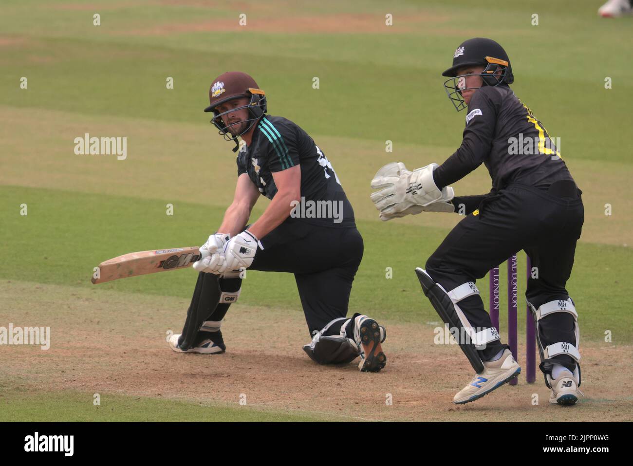 London, UK. 19 August, 2022. London, UK. Surrey’s Cameron Steel batting ...
