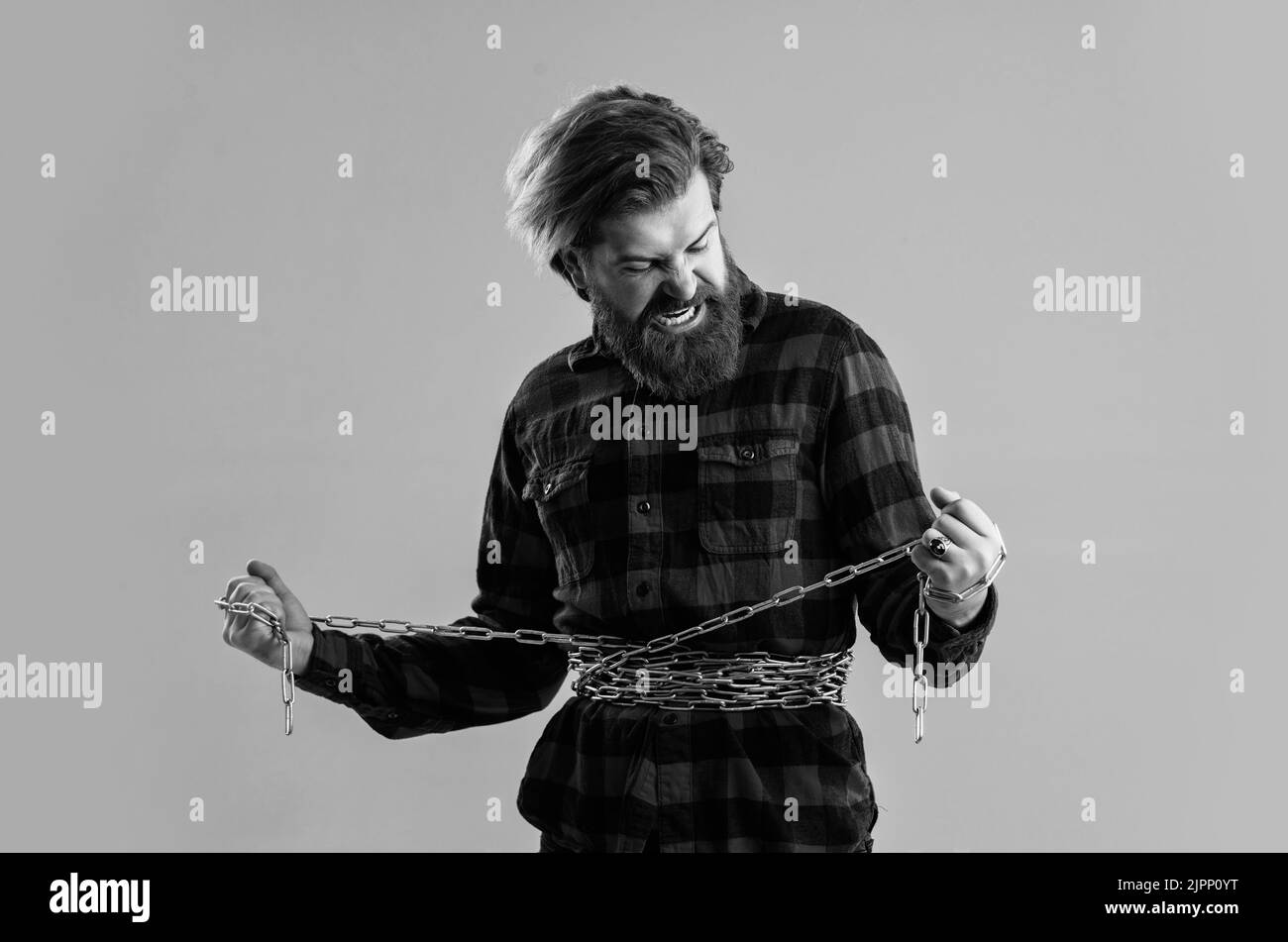 concept of diet. mature guy with beard and moustache. male hold chain ...