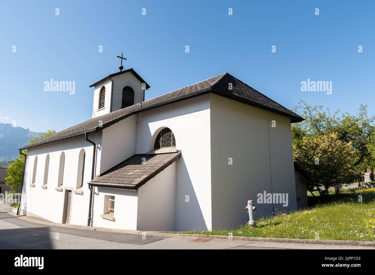 Nendeln, Liechtenstein, April 28, 2022 Pretty little church on a sunny ...