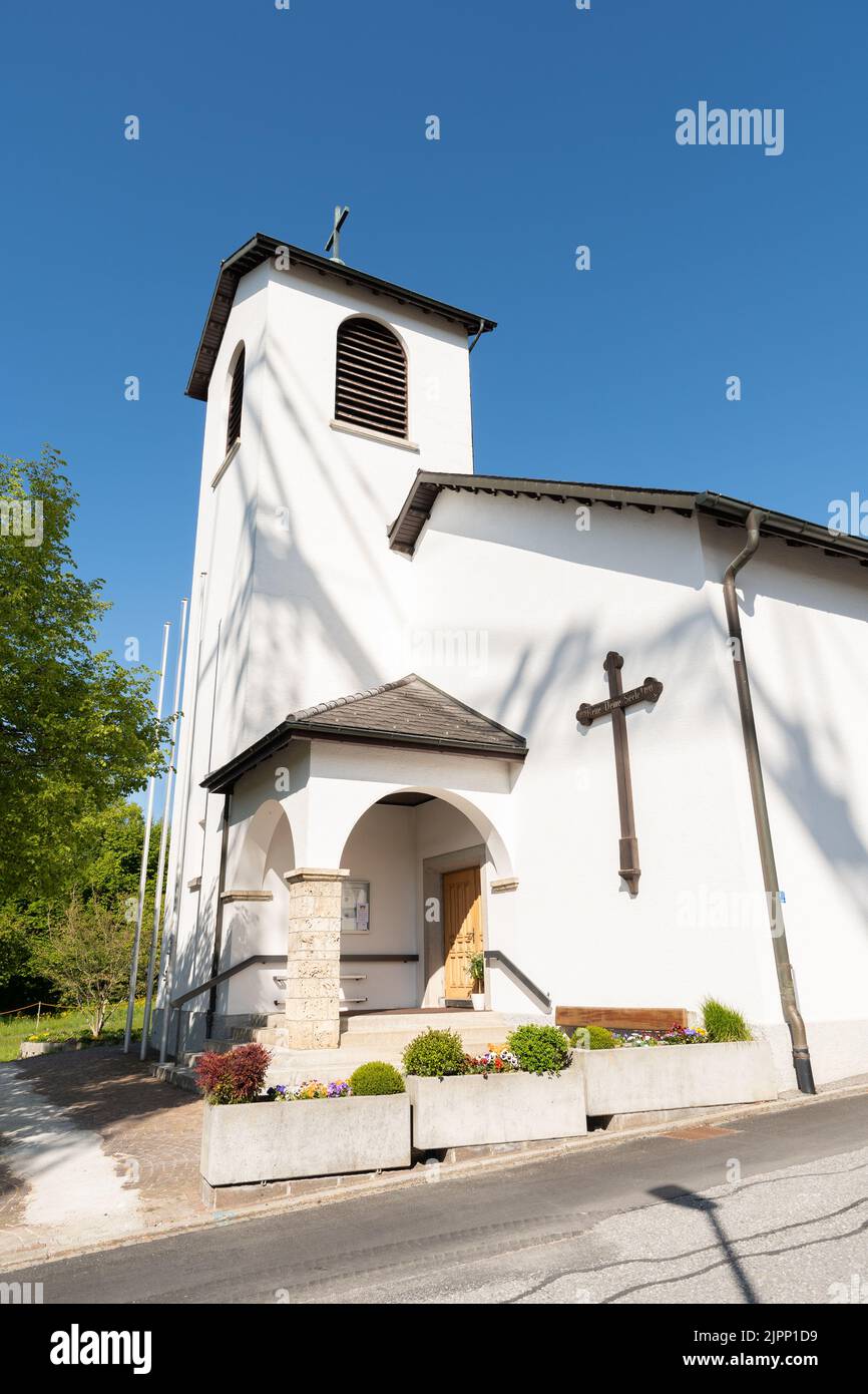 Nendeln, Liechtenstein, April 28, 2022 Pretty little church on a sunny ...