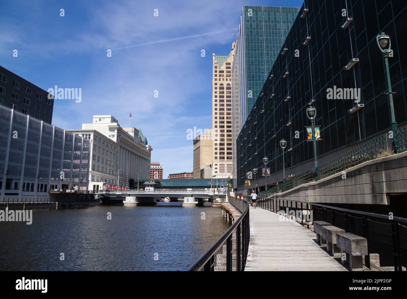 Milwaukee, WI, USA April 10 2022: Riverwalk in downtown Milwaukee ...