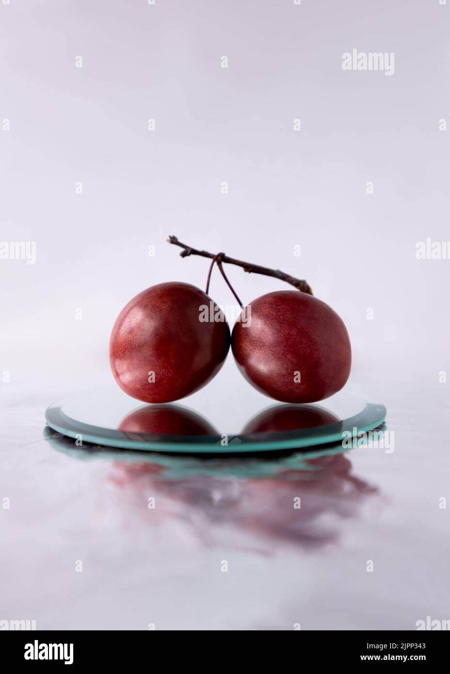 Modern still life. Two Ripe red cherry plum, reflection in mirror Stock ...