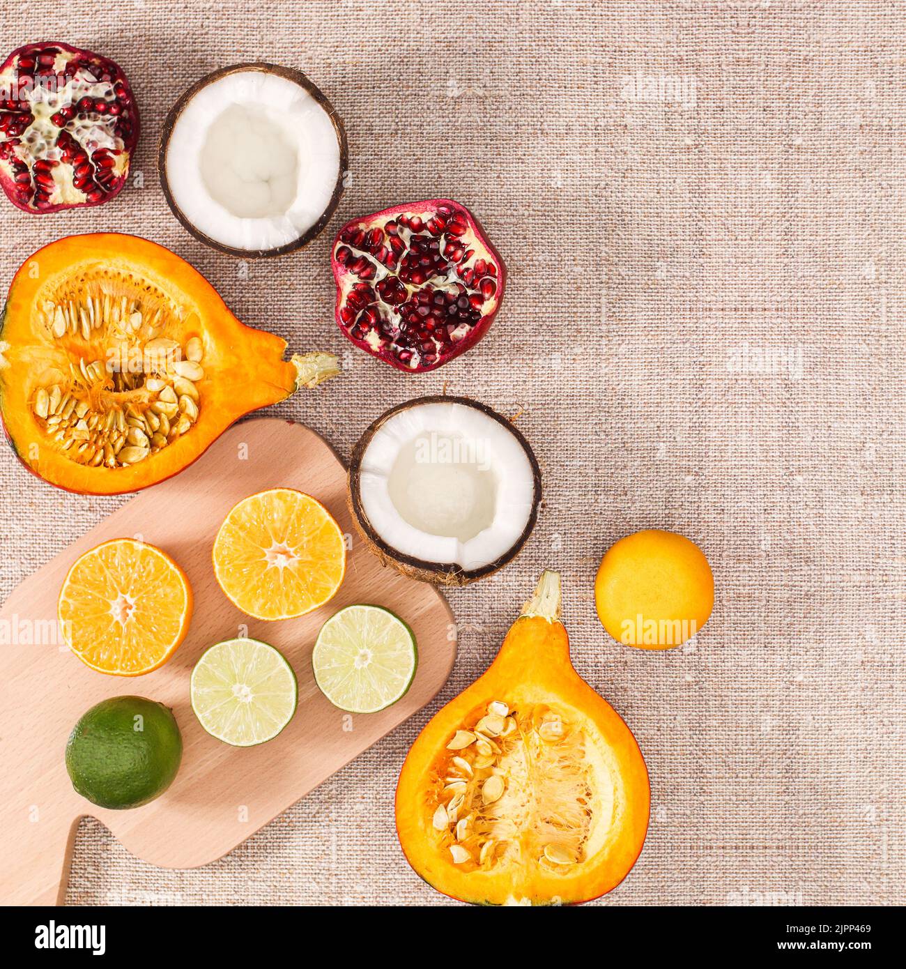 Autumn sliced fruits on beige background. Flat lay Stock Photo - Alamy
