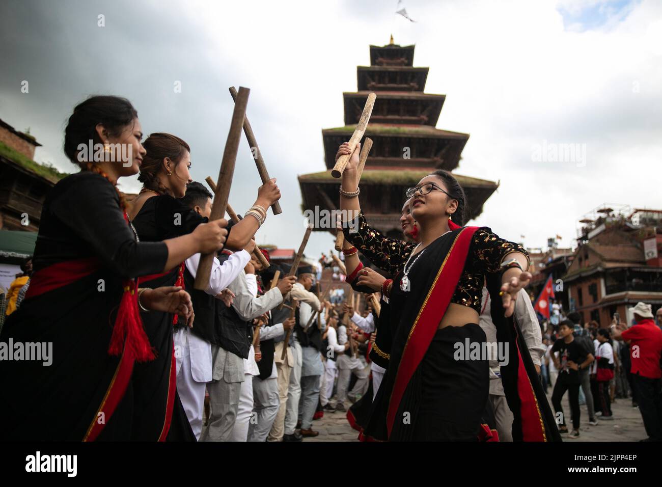Bhaktapur, Nepal. 19th Aug, 2022. Devotees in traditional attires ...