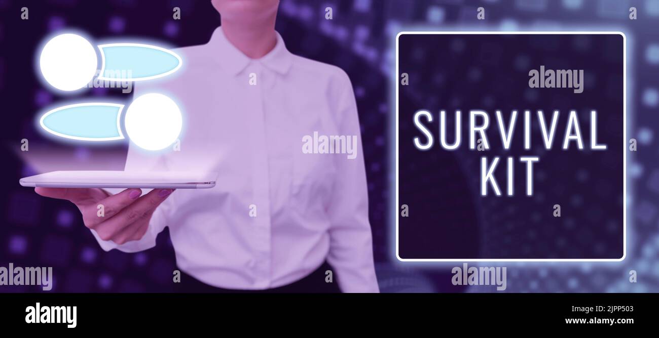 Text showing inspiration Survival Kit, Word for Emergency Equipment ...