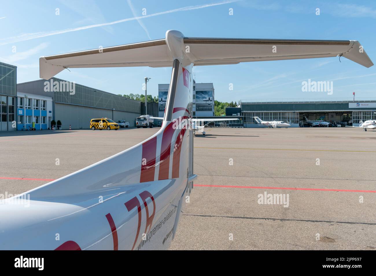Zurich, Switzerland, May 11, 2022 Tail of a Diamond DA42 propeller ...