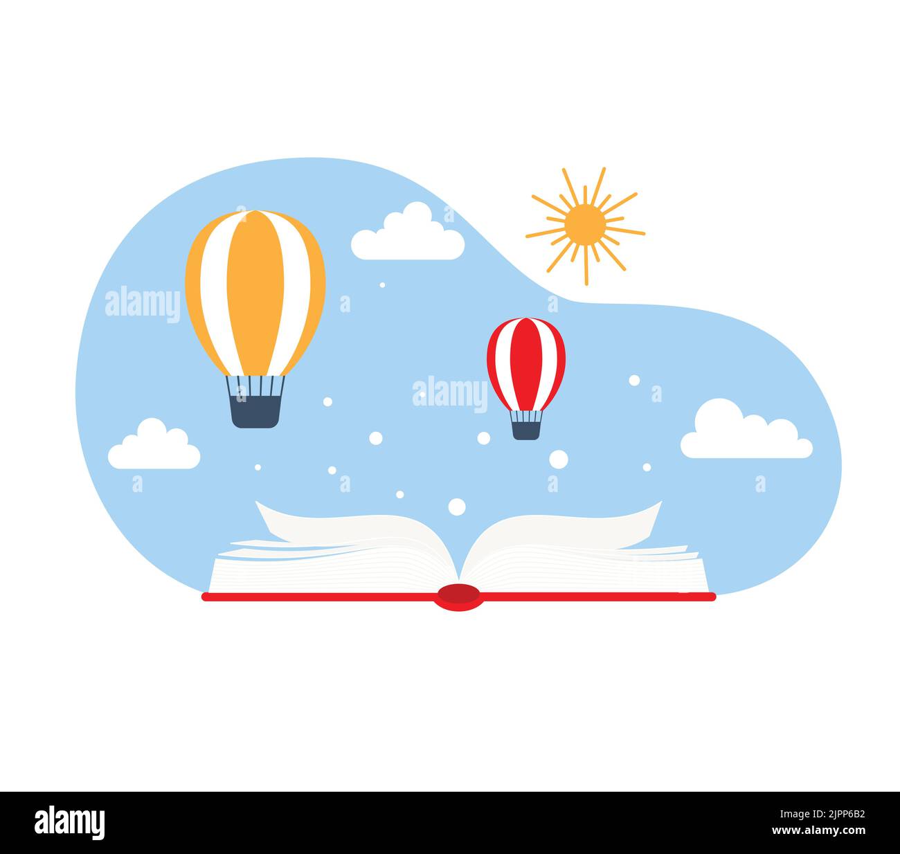 Stack of books with air balloon. Fantasy, fairy tale. Imagination and ...
