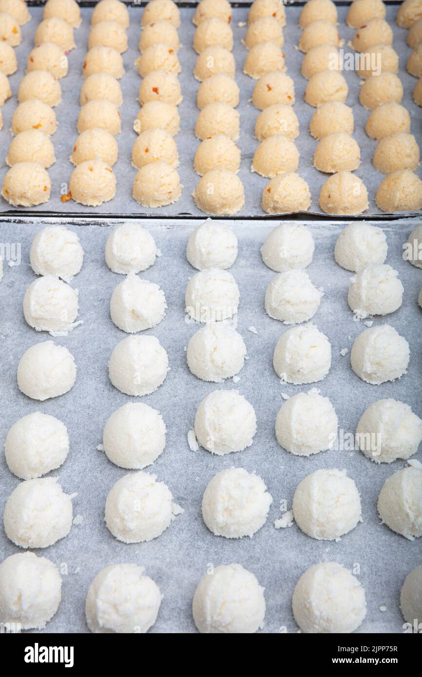 Cakes on automatic conveyor belt or line, baking process in ...