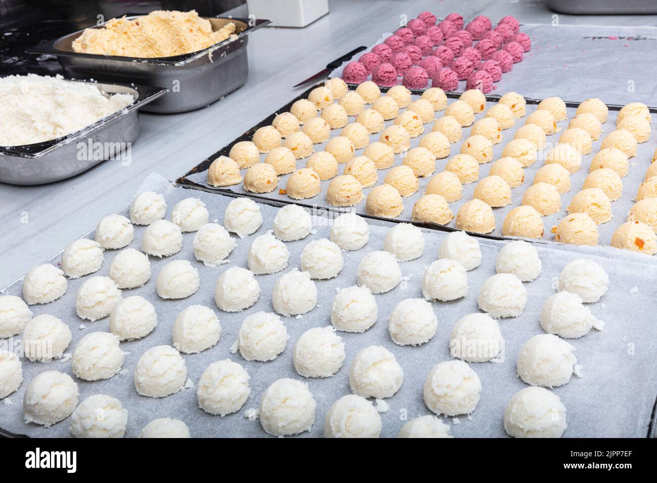 Cakes on automatic conveyor belt or line, baking process in ...