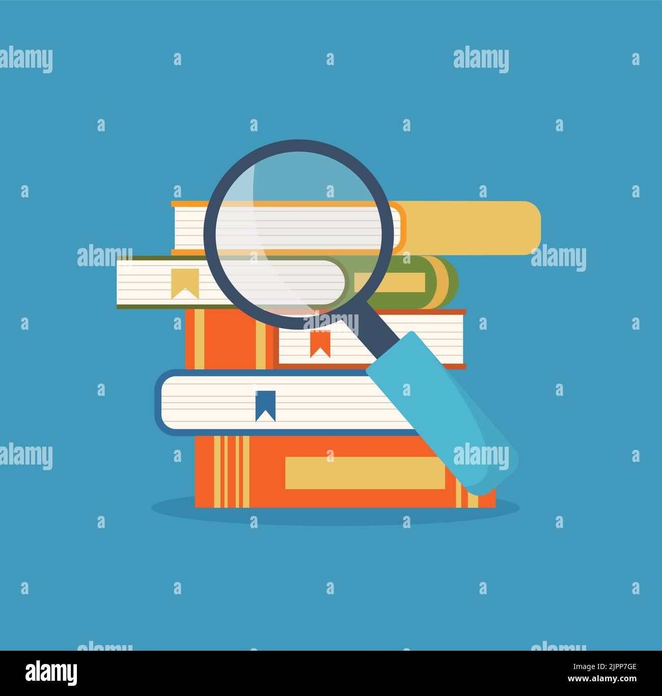 Stack of books with magnifying glass. Knowledge logo. Education and ...