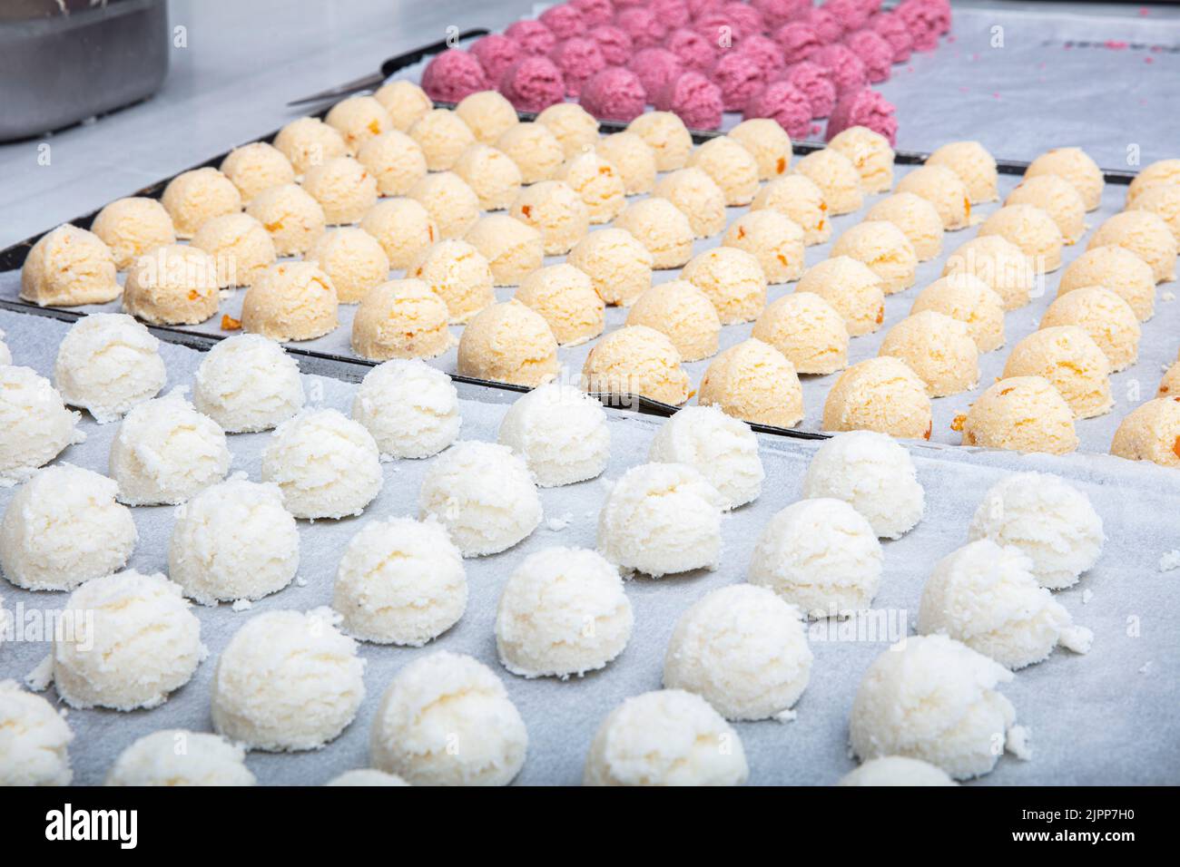 Cakes on automatic conveyor belt or line, baking process in ...