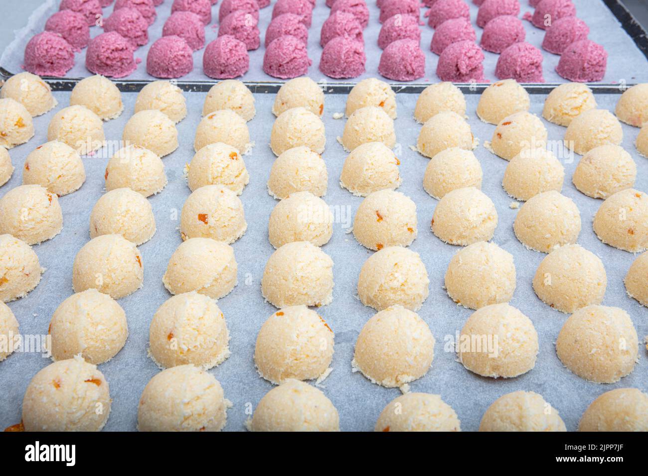 Cakes on automatic conveyor belt or line, baking process in ...