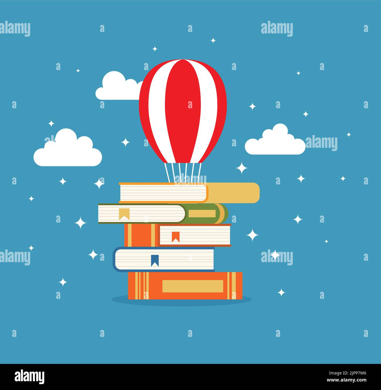 Stack of books with air balloon. Fantasy, fairy tale. Imagination and ...