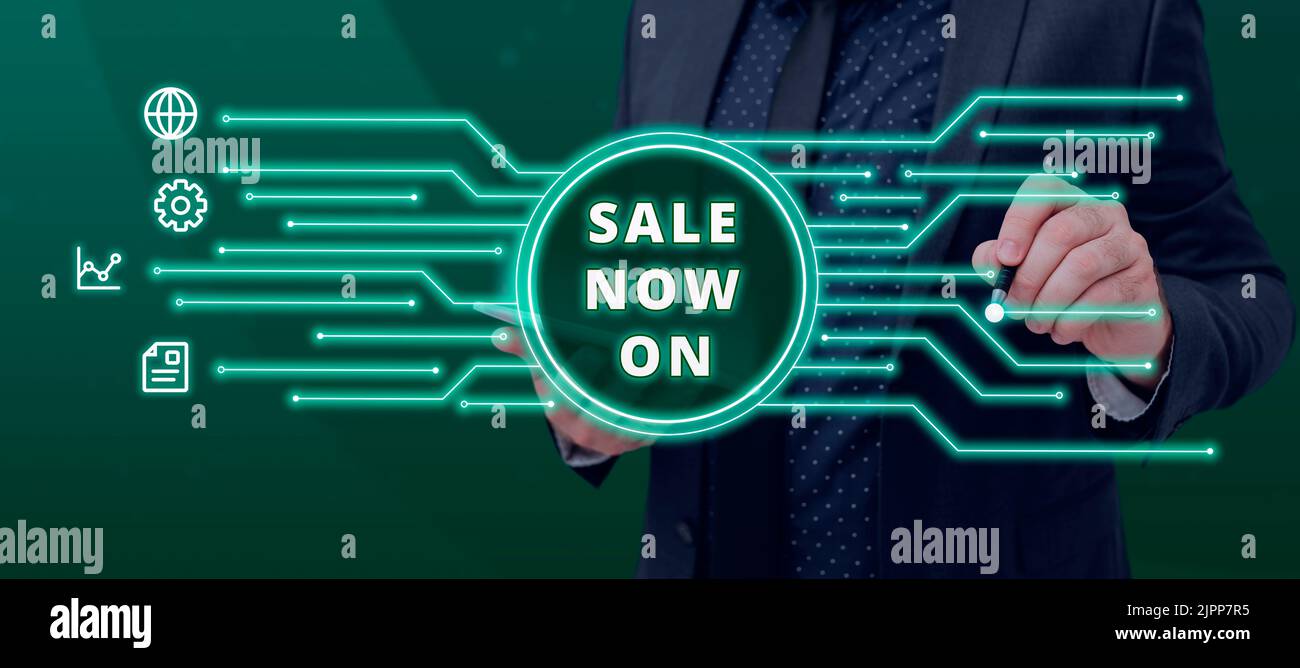 Hand writing sign Sale Now On, Business idea Reduction of prices ...