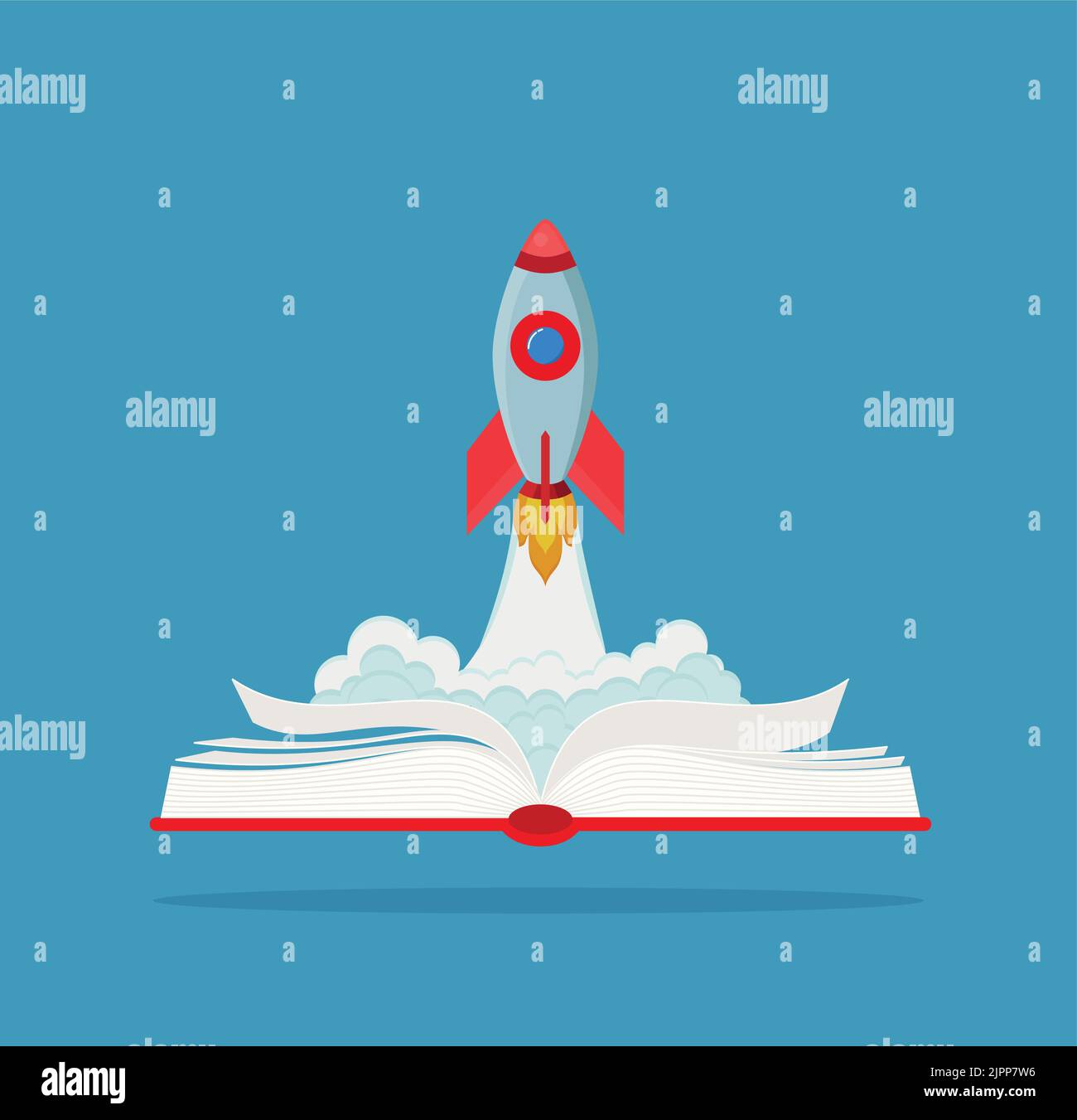 Rocket launch, ship and opened book. Vector illustration. Concept of ... Rocket launch, ship and opened book. Vector illustration. Concept of ...