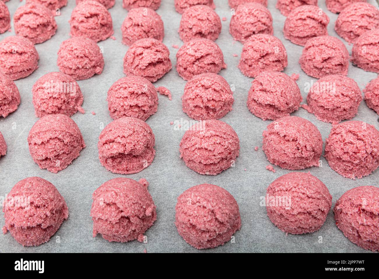 Cakes on automatic conveyor belt or line, baking process in ...