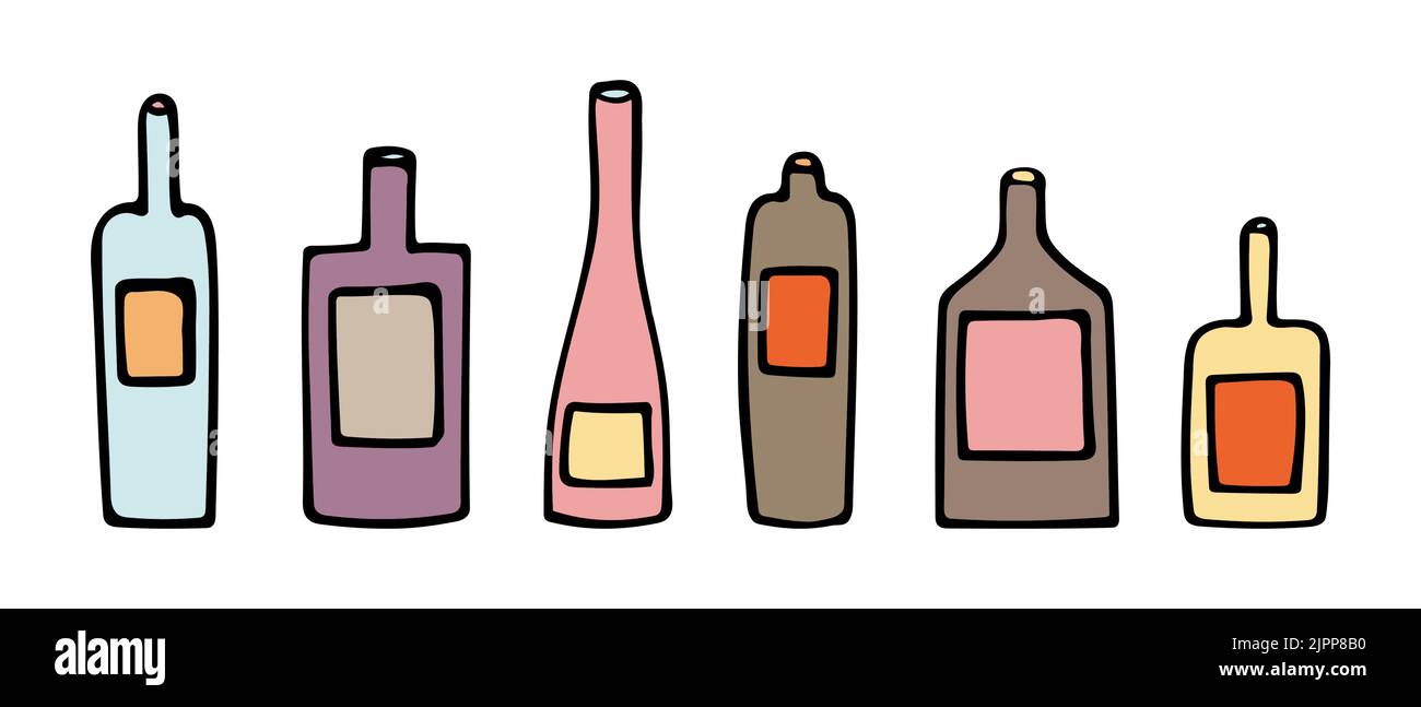 Vector illustration of a set of colored bottles of different shapes ...