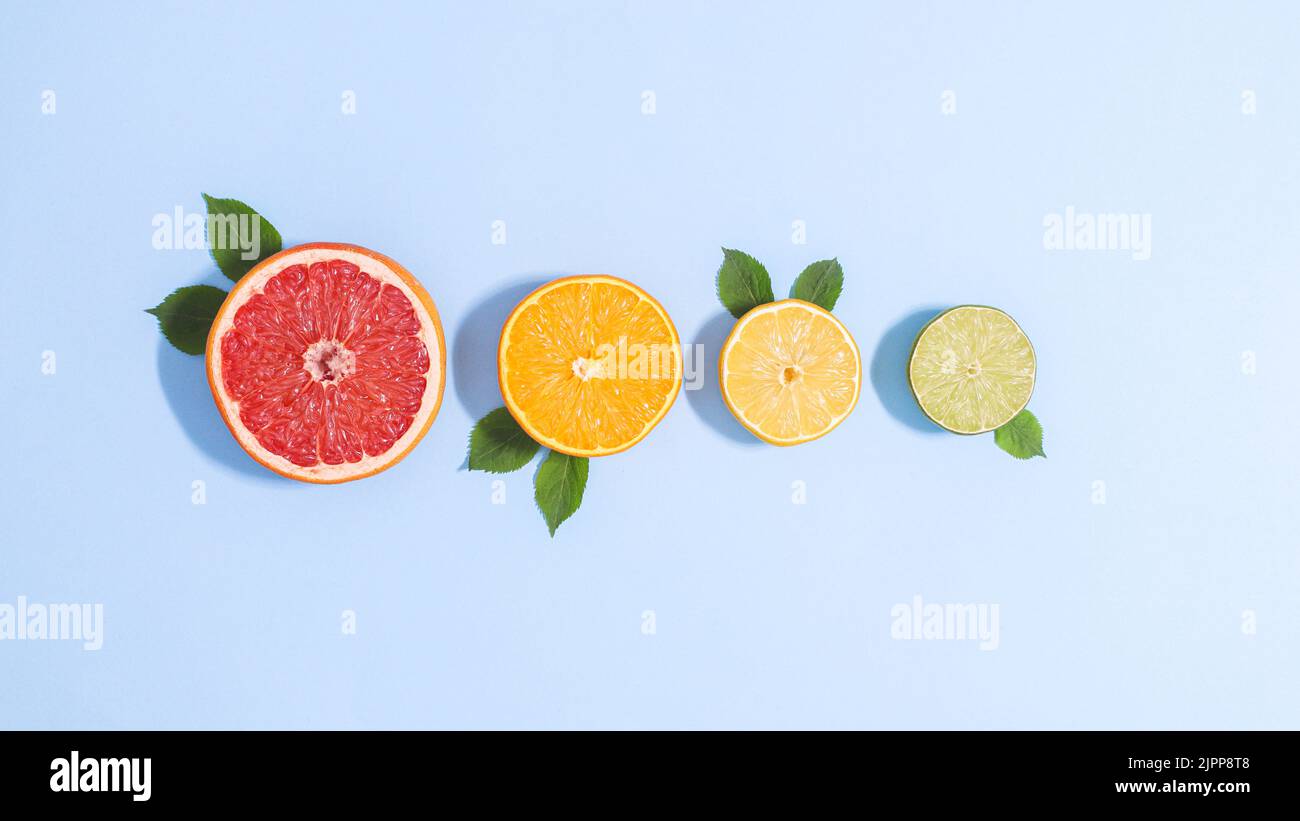 Creative blue background with sliced citrus fruits with green leaves ...