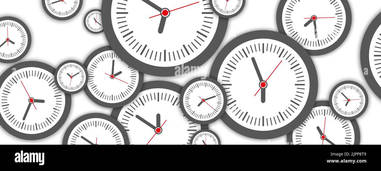 Time background with round wall clocks Stock Photo - Alamy