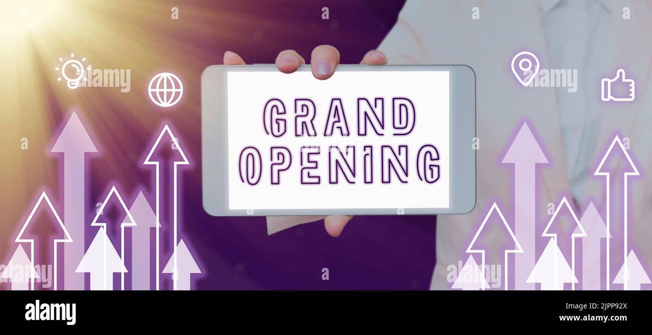 Conceptual display Grand Opening, Word Written on Ribbon Cutting New ...