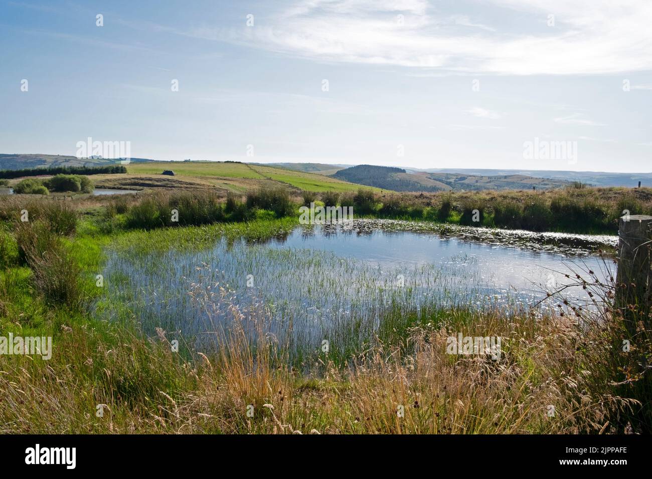 Pool of water tarn on hilltop in agricultural farming landscape summer ...