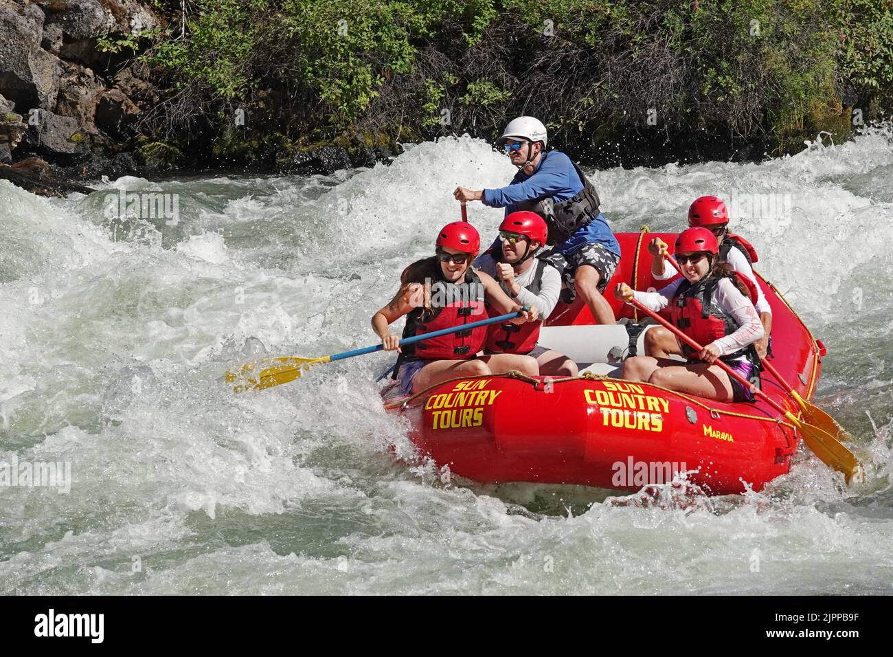 Whitewater rafters in a paddleboat enjoy the rapids of the upper ...