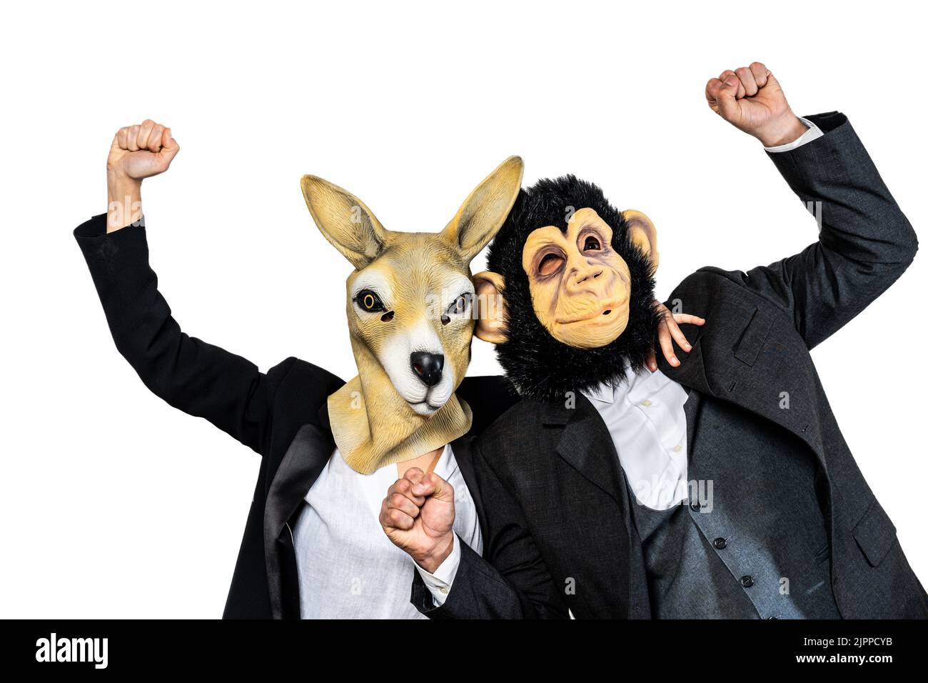 Monkey man and kangaroo woman making success and winner gesture ...