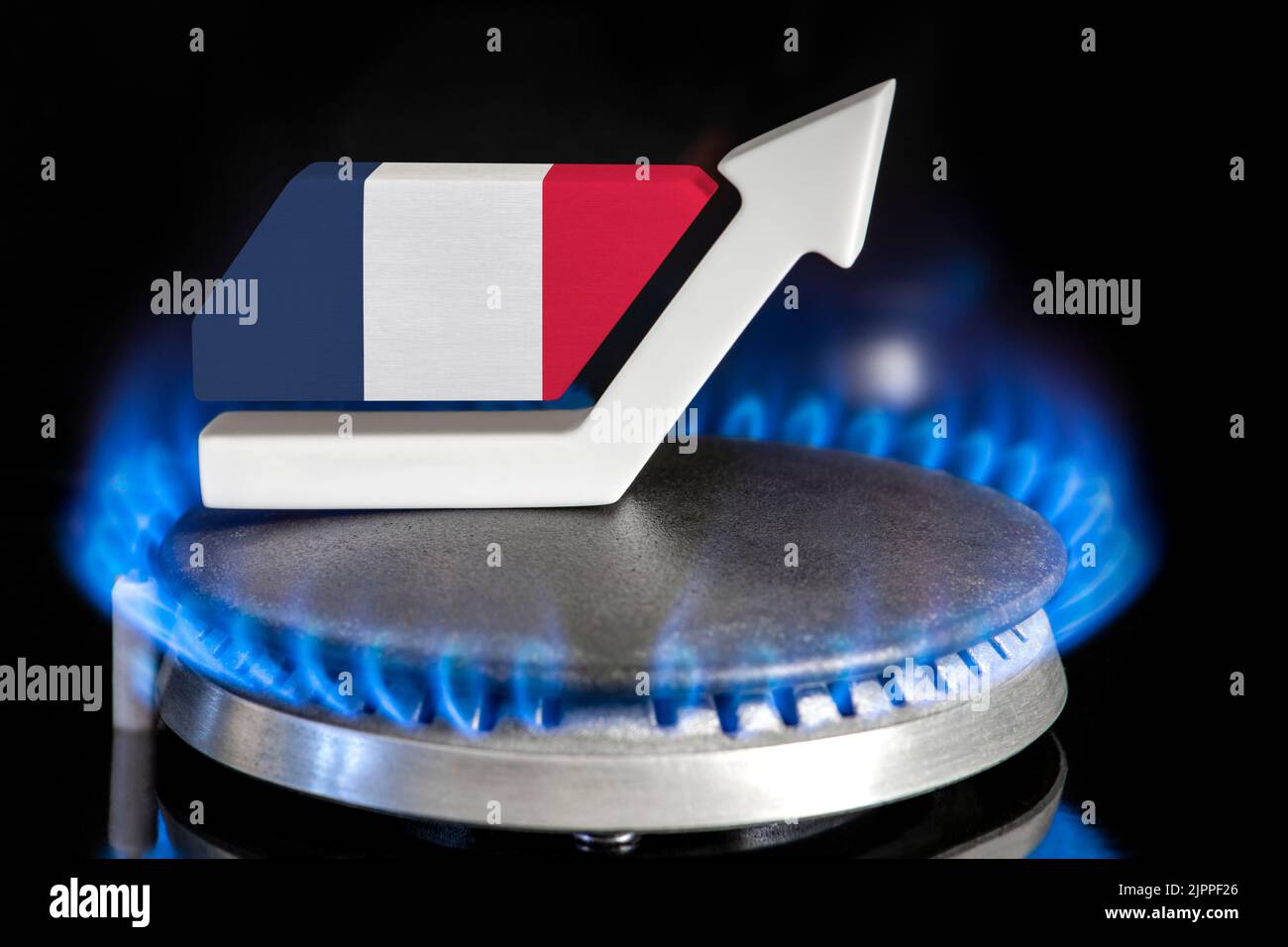 Gas price. Rise in gas prices in France. A burner with a flame and an ...
