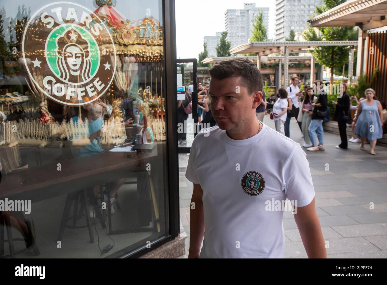 Moscow, Russia. 19th of August, 2022. The Stars Coffee logo is seen on ...