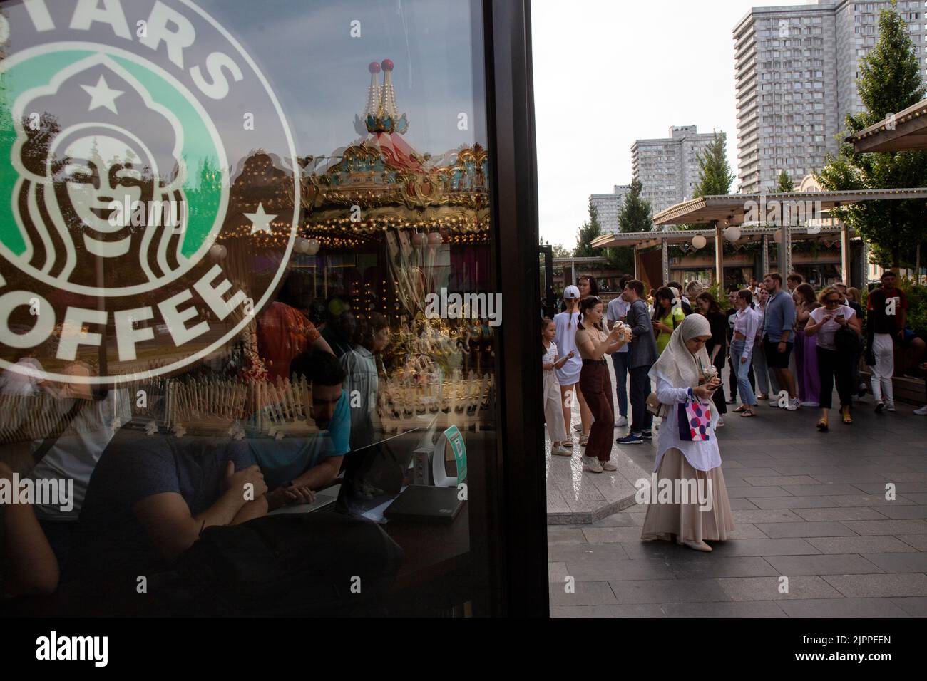 Moscow, Russia. 19th of August, 2022. The Stars Coffee logo is seen on ...