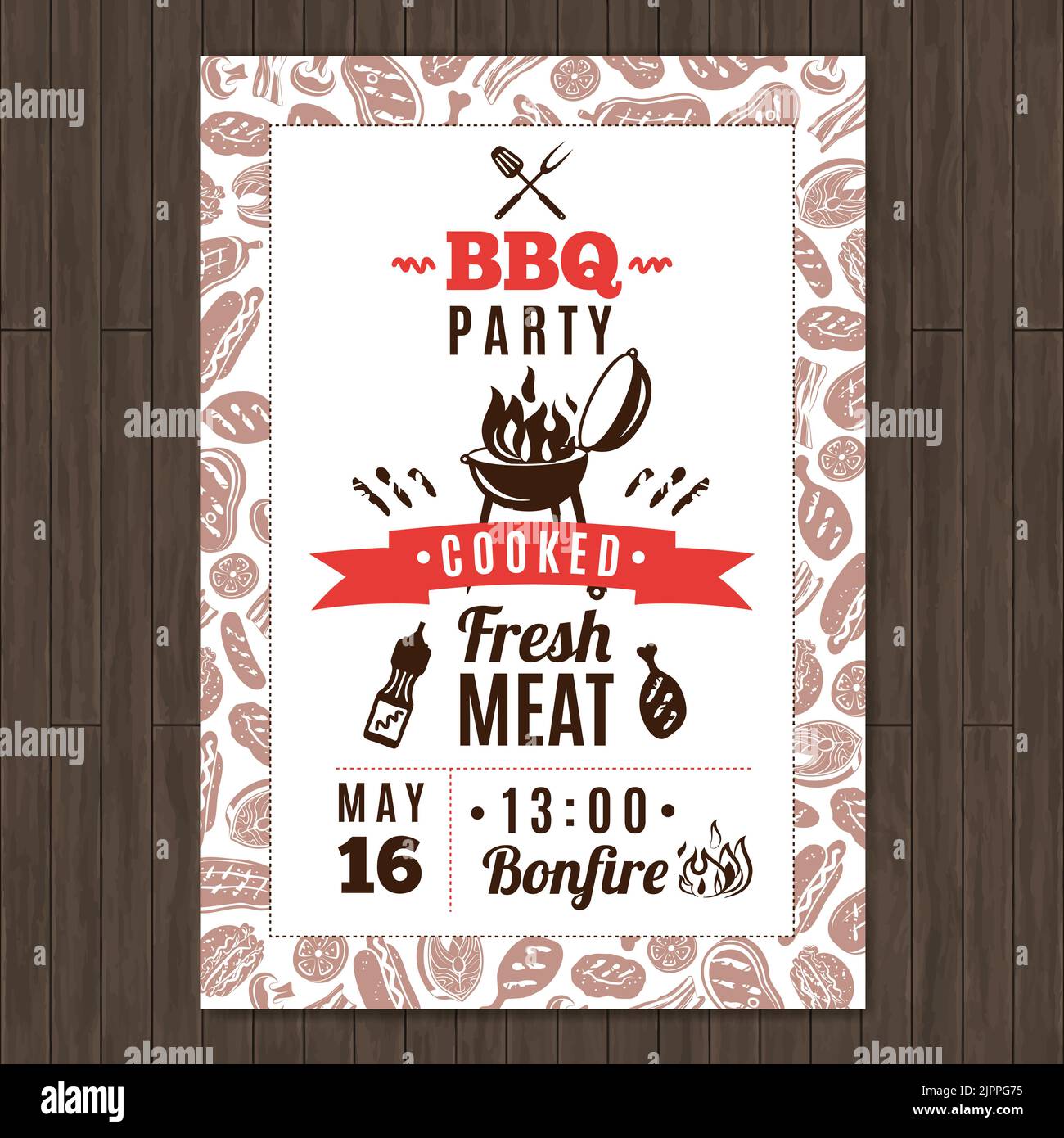 Bbq party promo poster with fresh grilled meat elements vector ...
