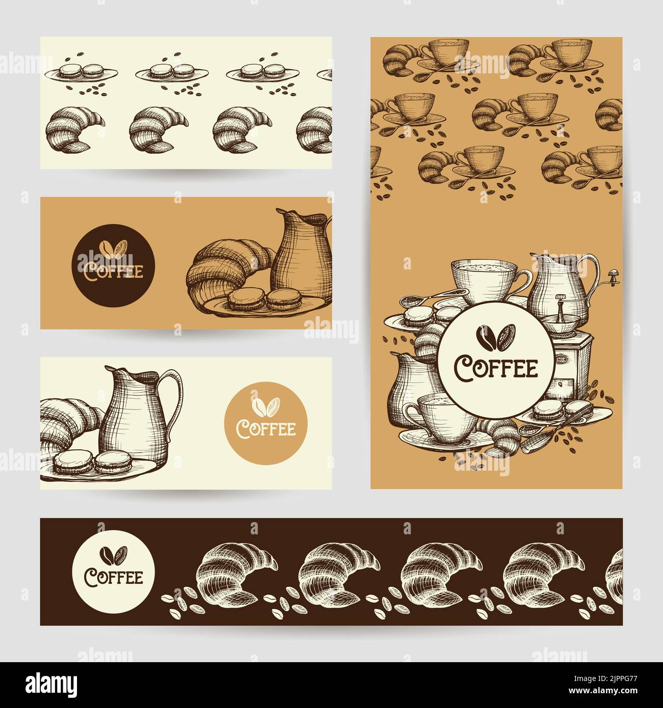 Decorative vintage coffee time cafe banners set and border with dark ...