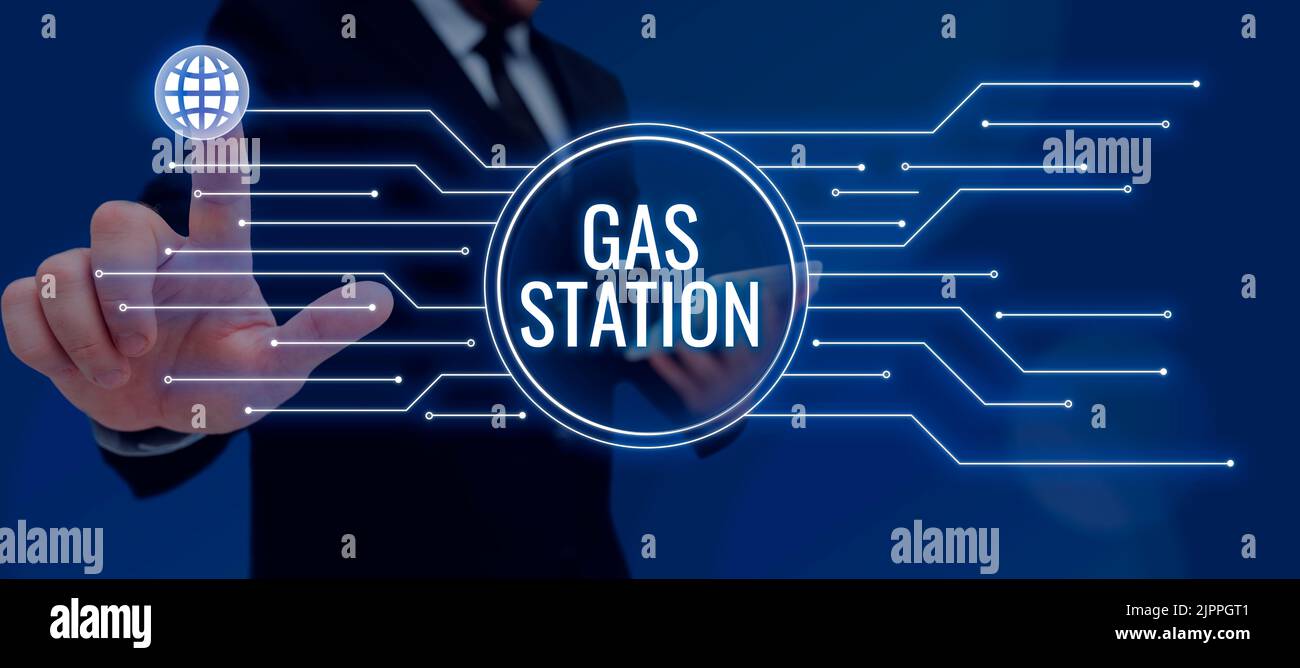 Text sign showing Gas Station, Word Written on for servicing motor ...