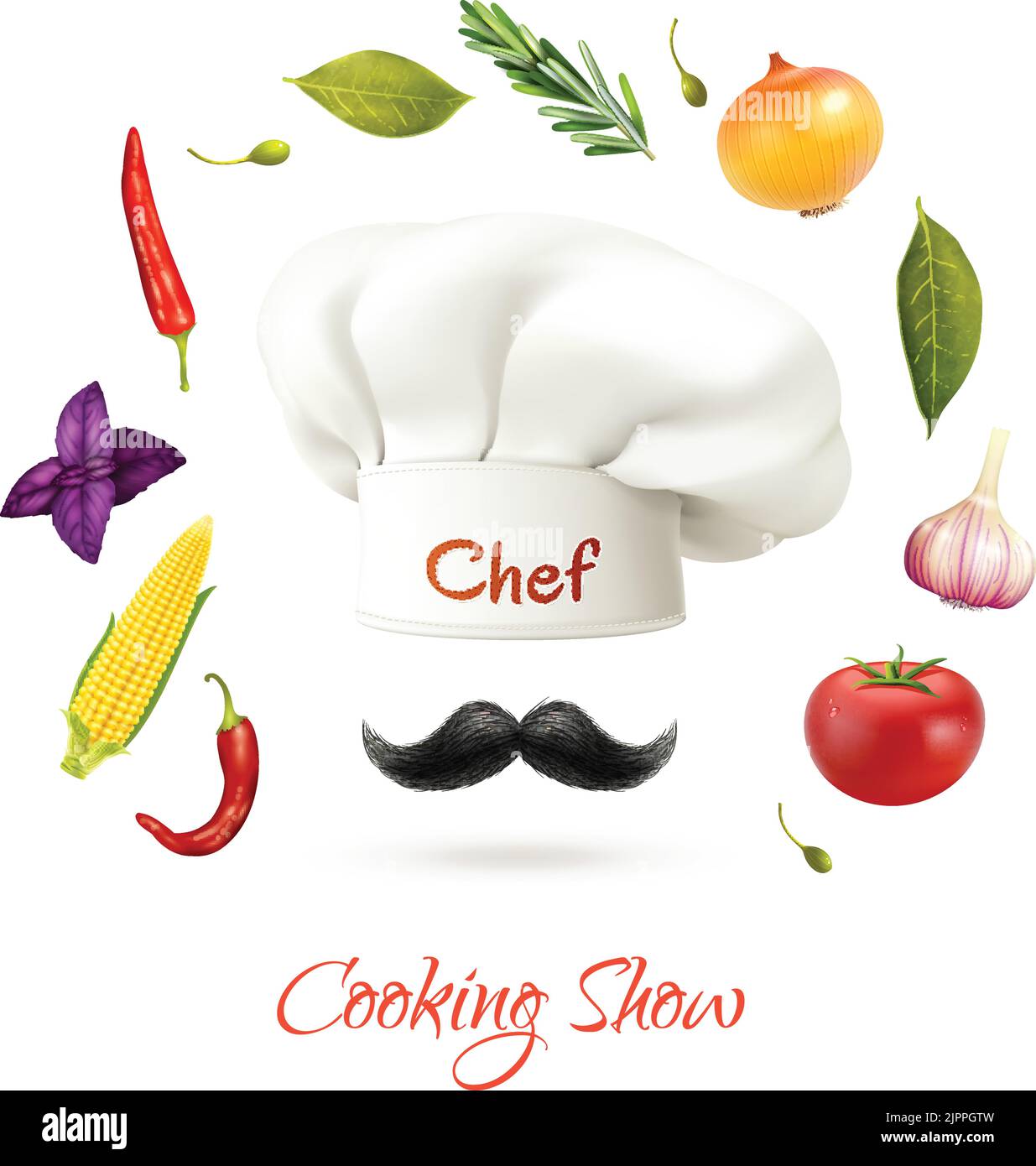 Cooking show realistic concept with chef hat mustache and ingredients ...