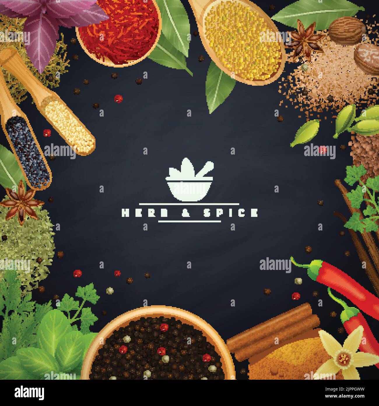 Beautiful frame with edges of cooking herbs and placers spices in ...