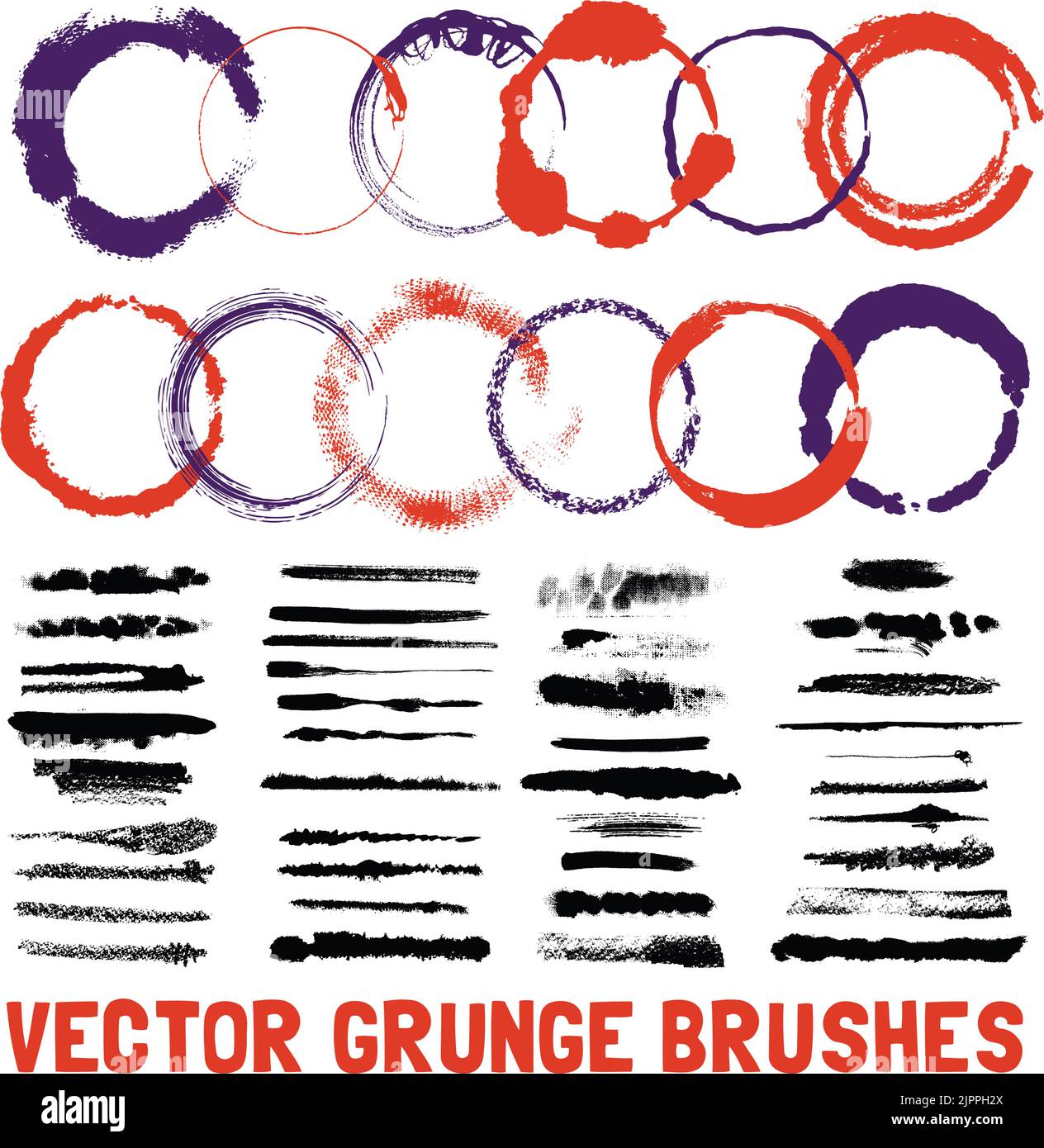 Grunge inked circle and line scuffed black and color brush styles with ...