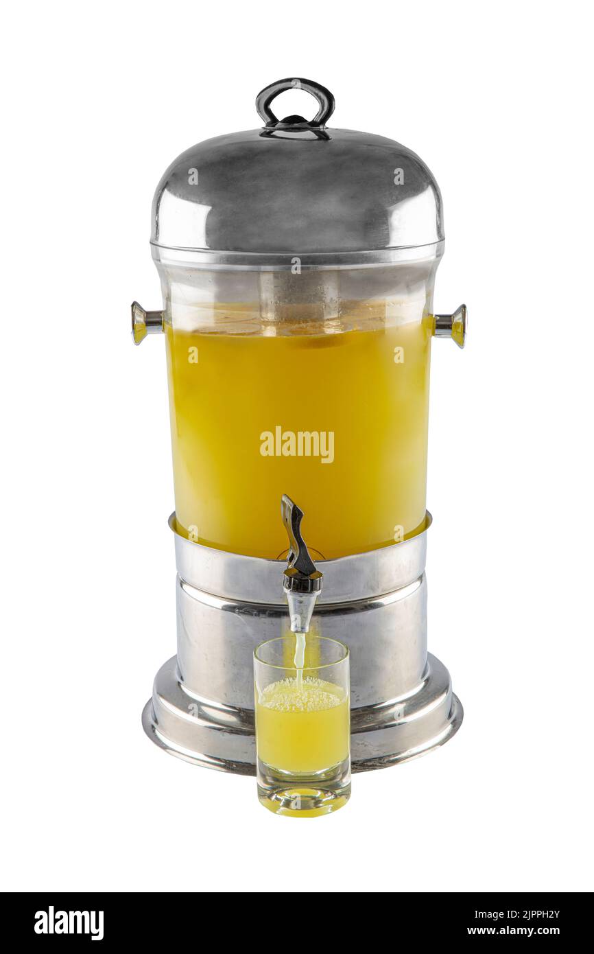 Homemade lemonade drink with fresh fruit in a beverage dispenser. Table ...