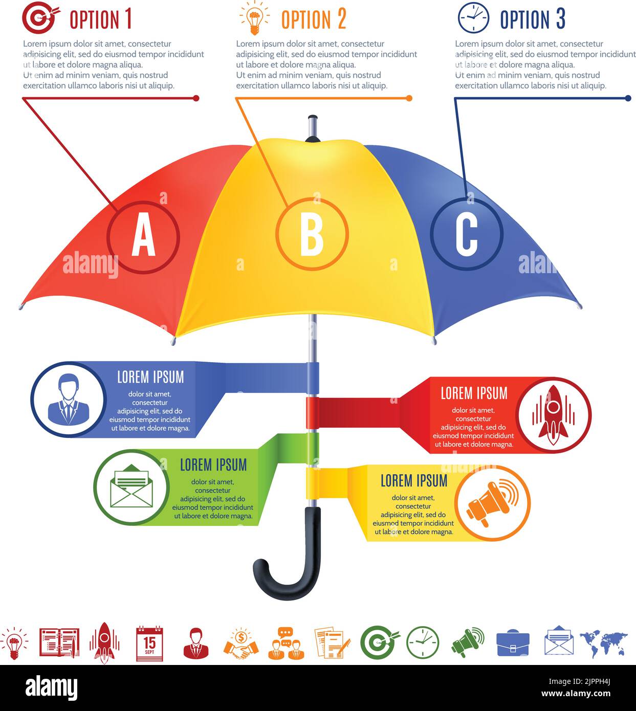 Business security and protection infographics set with colored umbrella ...