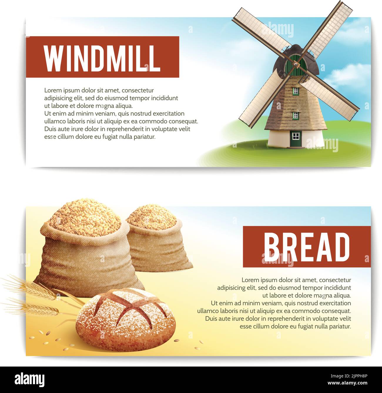 Bread horizontal banner set with with traditional windmill and wheat ...