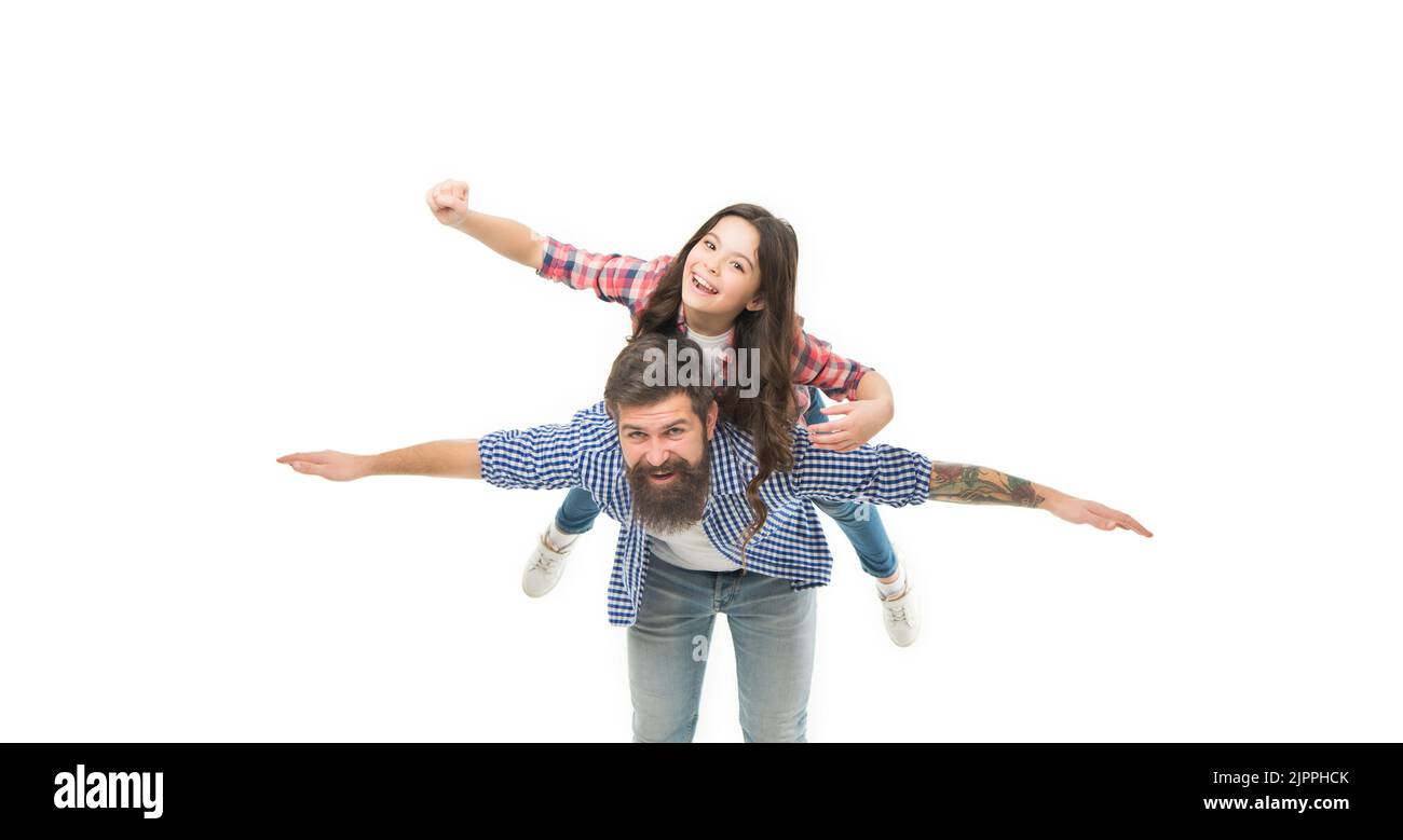Father and daughter play planes. Kid play game fly plane wide apart ...