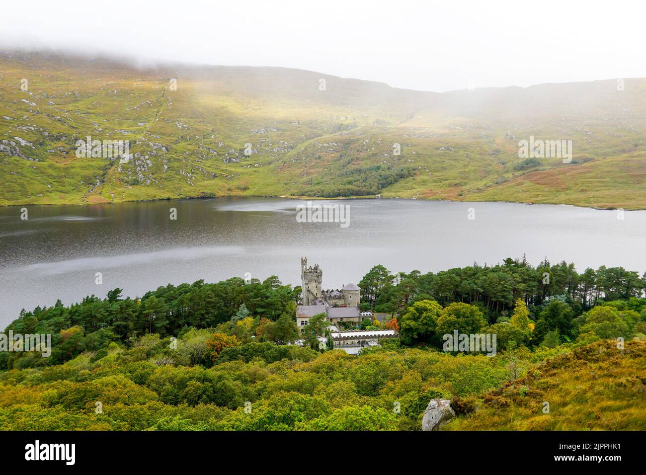Aerial view of Glenveagh Castle situated in the middle of Glenveagh ...