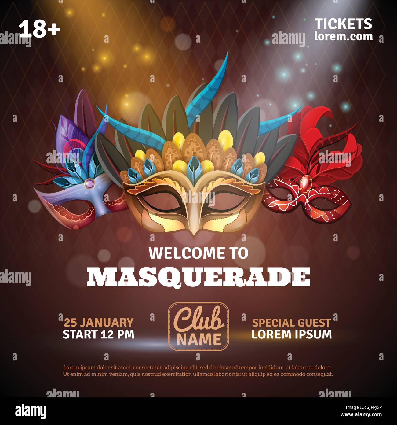 Masquerade realistic poster with party tickets and club symbols vector ...