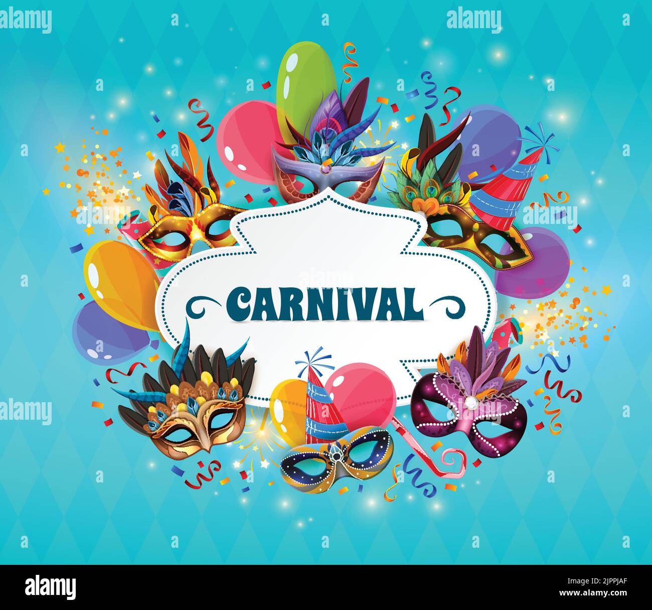 Carnival realistic concept with masks and balloons on blue background ...
