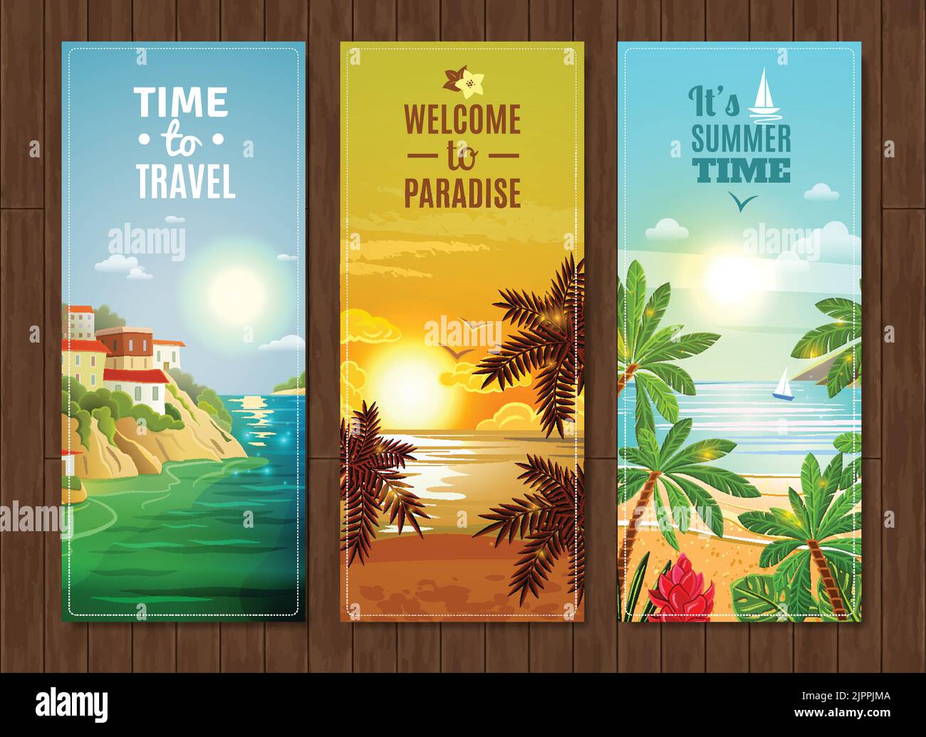 Travel agency paradise vacation vertical banners set with tropical ...