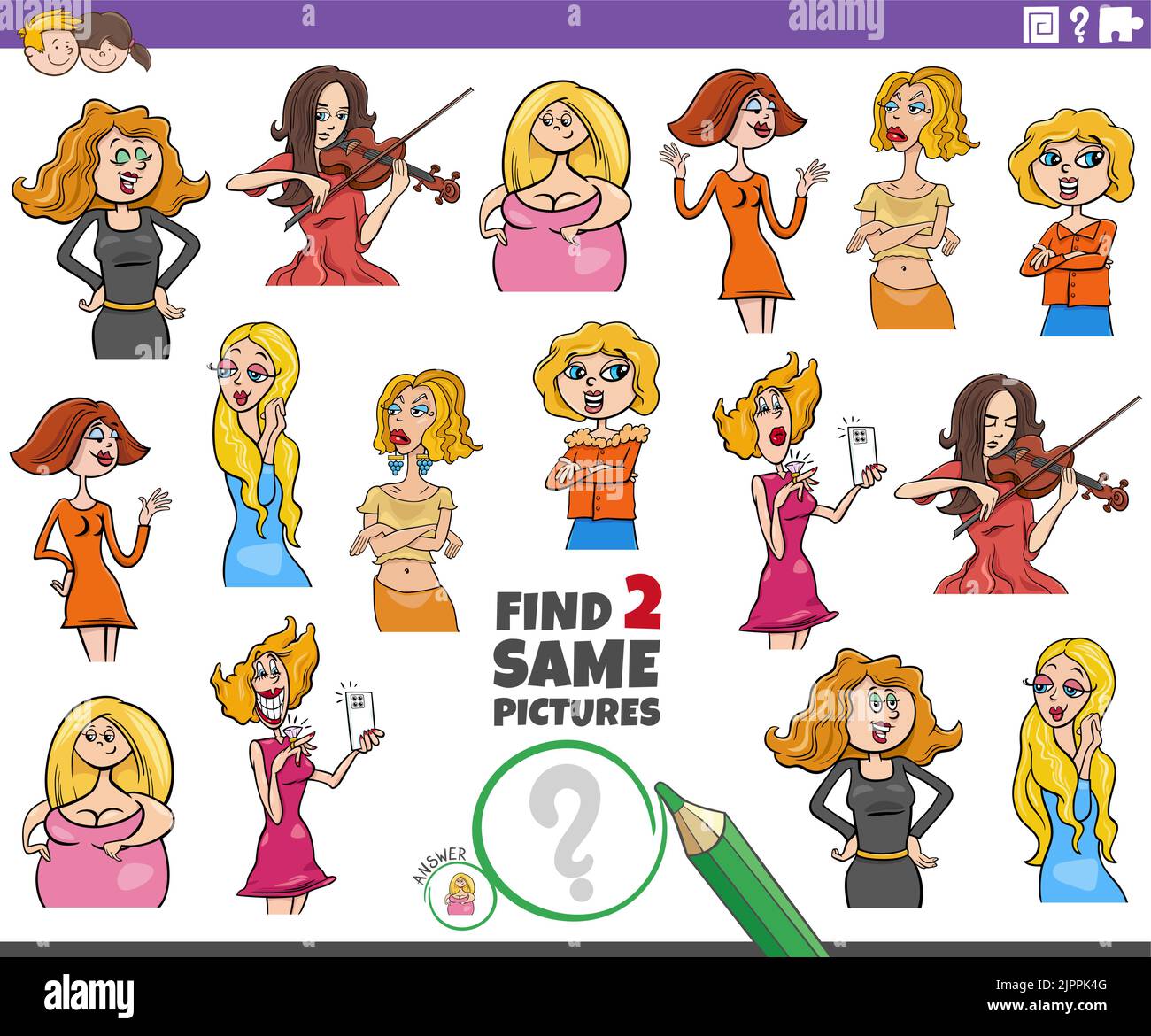 Cartoon illustration of finding two same pictures educational task with ...