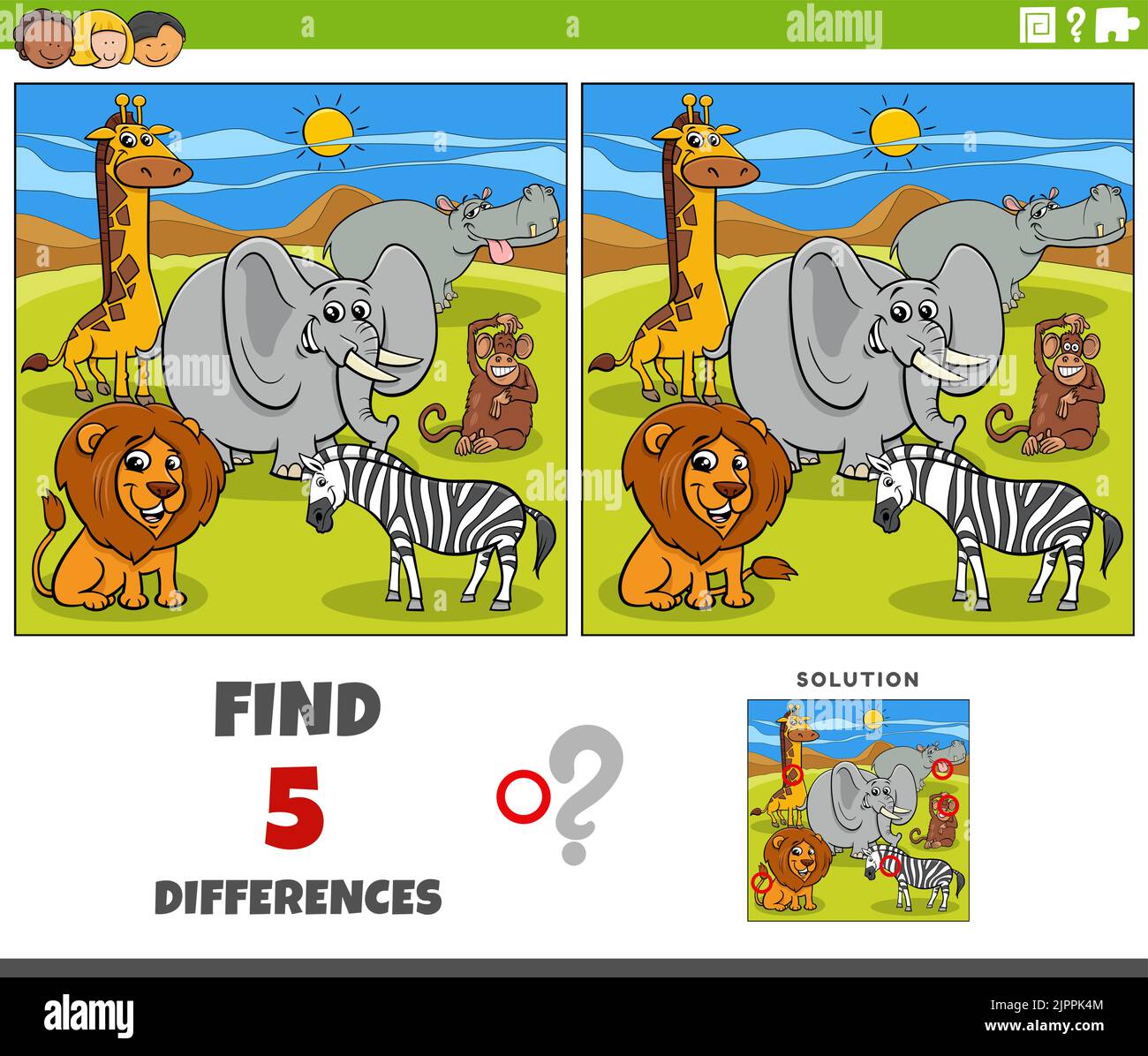 Cartoon illustration of finding the differences between pictures educational game with wild ...