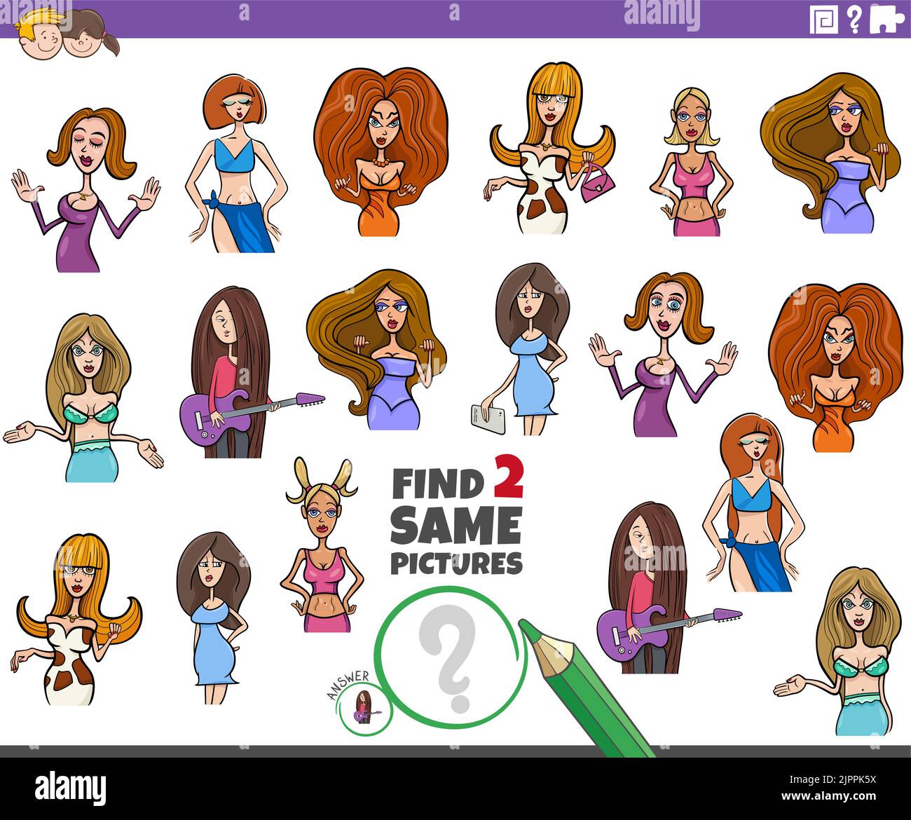 Cartoon illustration of finding two same pictures educational game with ...
